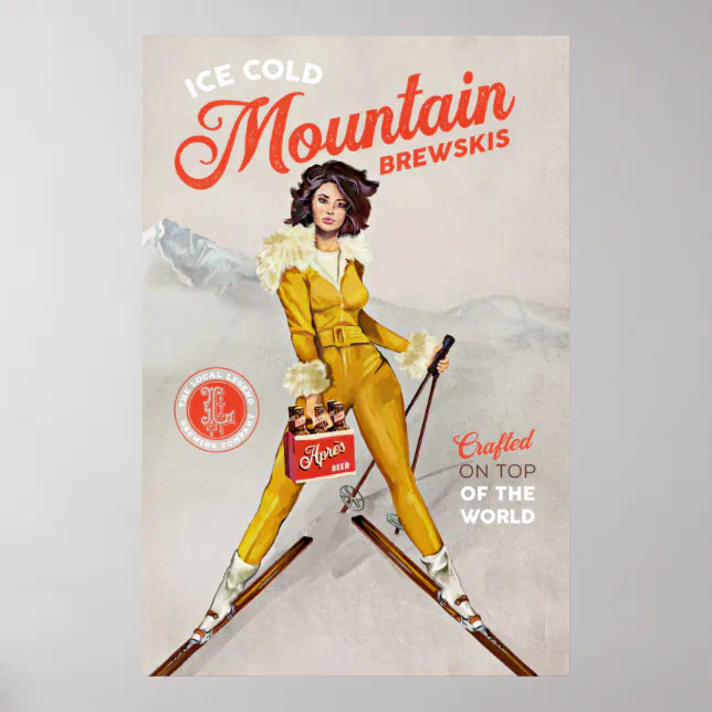 "Mountain Brewskis" Cool Retro Ski Pinup Art Poster | Zazzle
