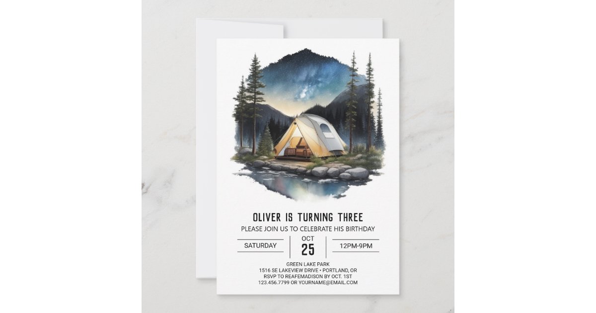 Mountain Campfire Explorer Birthday Invitation | Zazzle
