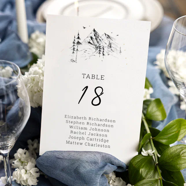 Mountain forest hand drawn guests' names table number | Zazzle