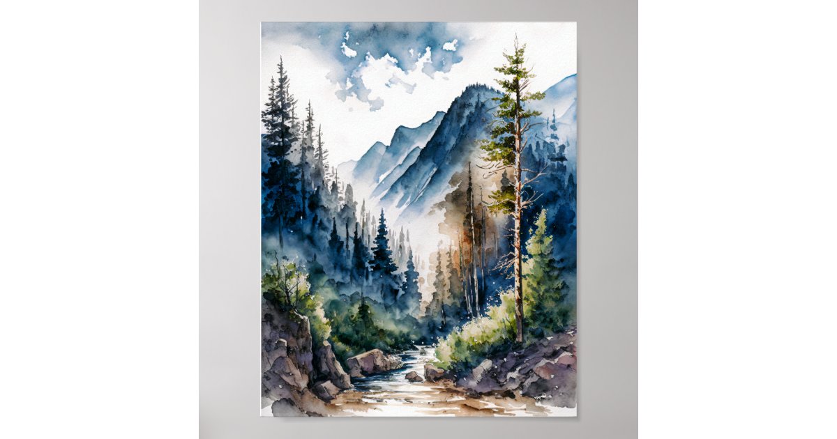 Mountain Forest Landscape Watercolor Poster | Zazzle