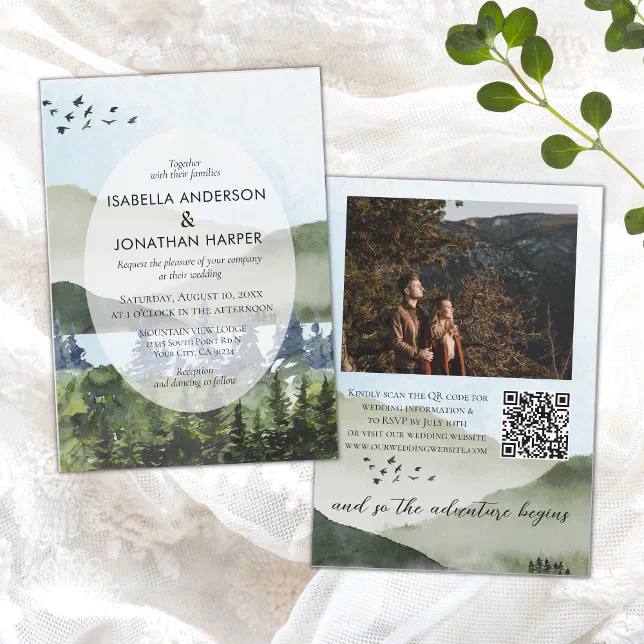 Mountain Lake Forest Photo QR Code Outdoor Wedding Invitation | Zazzle