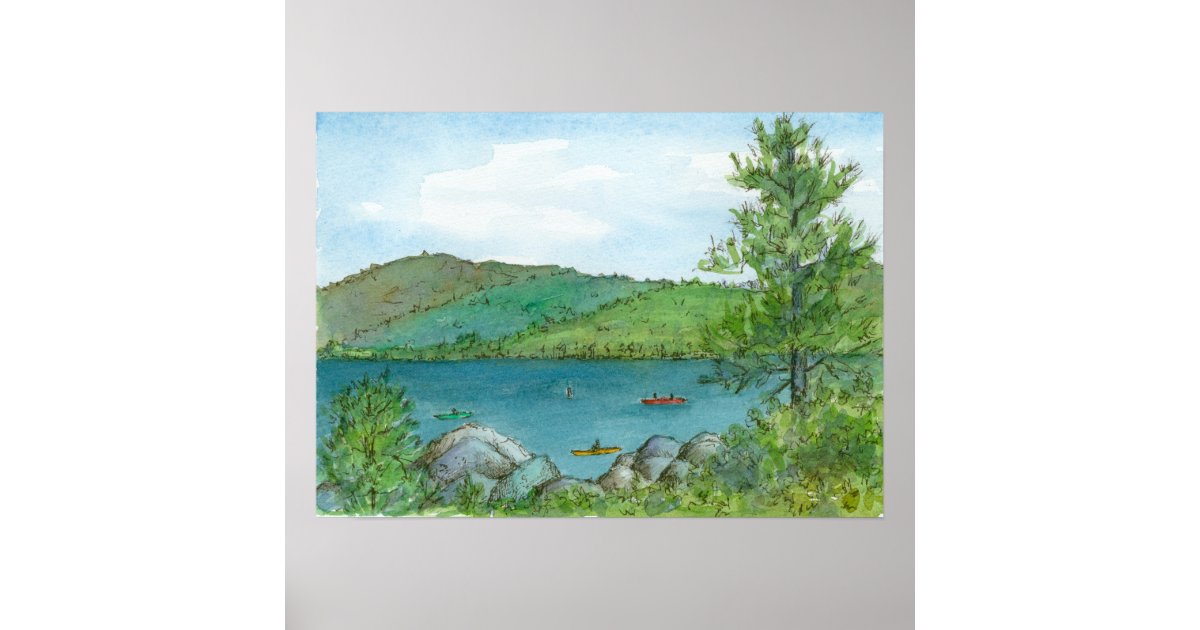 Mountain Lake Kayaking Watercolor Landscape Art Poster | Zazzle