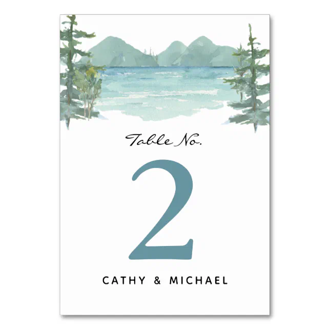 Mountain Lake Watercolor Customized Table Number | Zazzle
