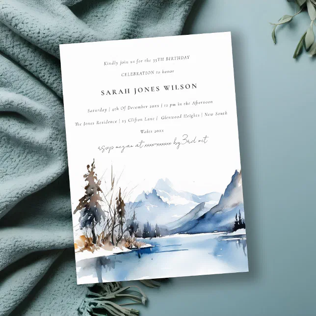 Mountain Lake Winter Snow Landscape Birthday Invitation | Zazzle