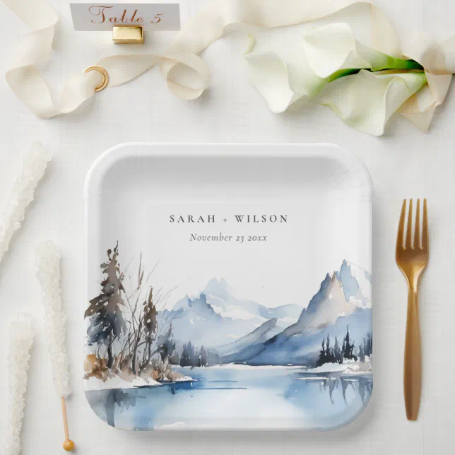 Mountain Lake Winter Snow Landscape Wedding Paper Plates | Zazzle