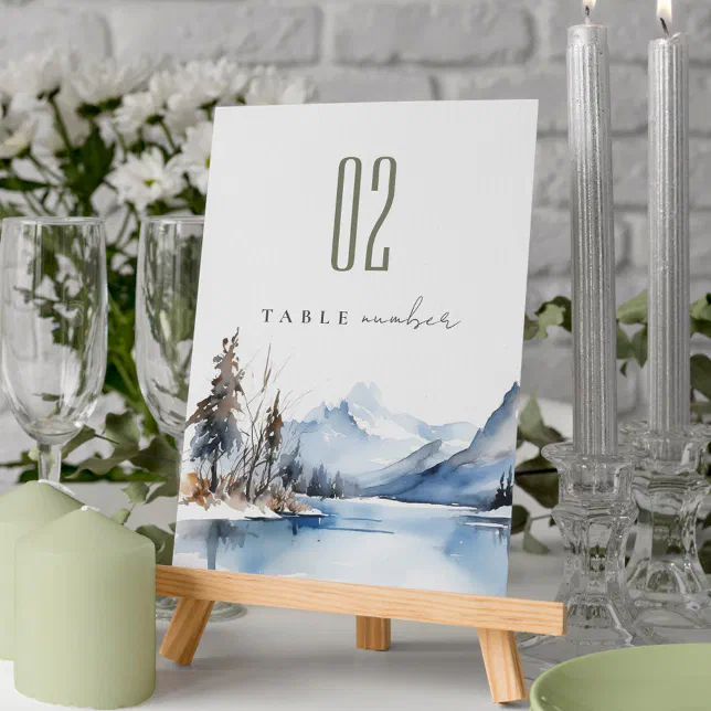 Mountain Lake Winter Snow Landscape Wedding Table Number | Zazzle