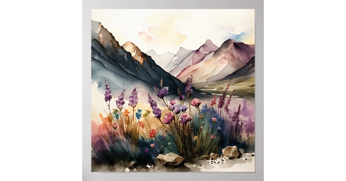 Mountain Landscape with Wildflowers Watercolor Poster | Zazzle