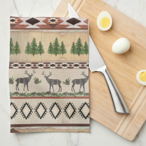Mountain Lodge Rustic Wood Forest Deer Tribal Art Kitchen Towel | Zazzle