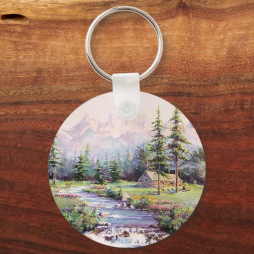 MOUNTAIN LOG CABIN by SHARON SHARPE Keychain | Zazzle