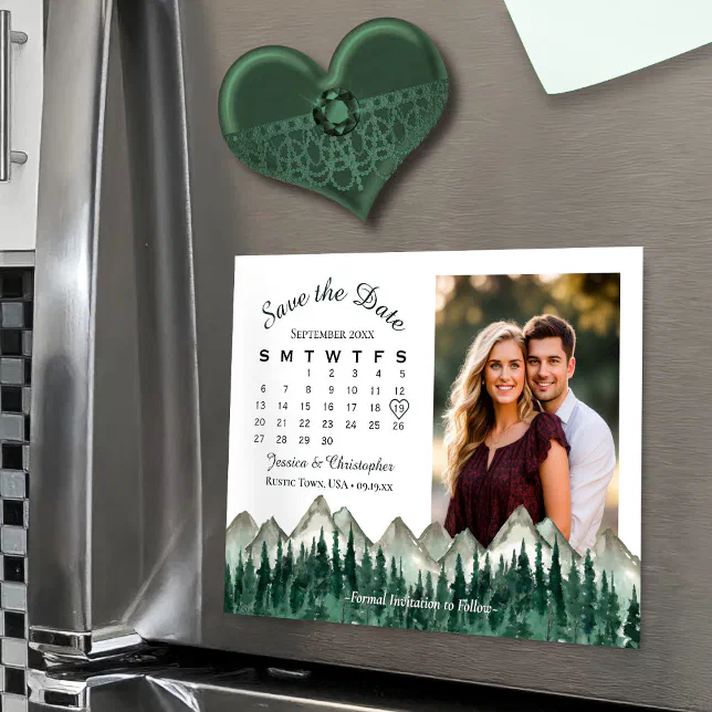 Mountain & Pine Calendar Photo Save Date Magnet | Zazzle