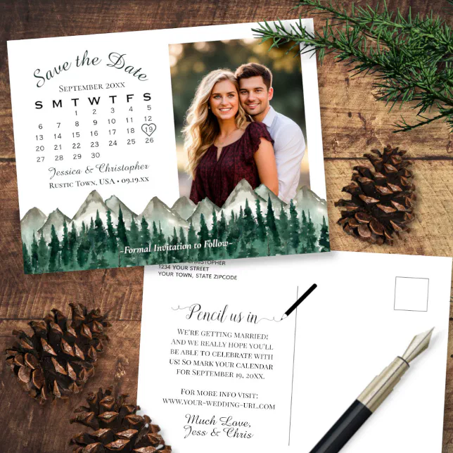 Mountain & Pine Wedding Calendar Photo Save Date Announcement Postcard ...