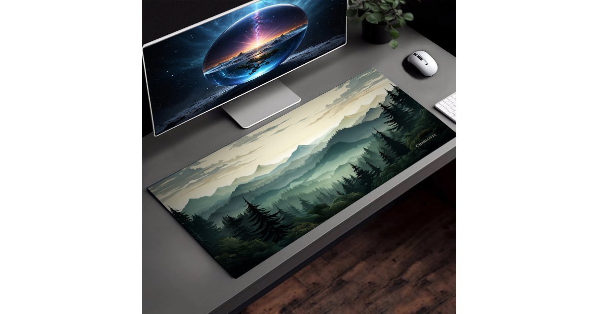 Mountain Range Pine Forest View Dark Green Theme Desk Mat | Zazzle