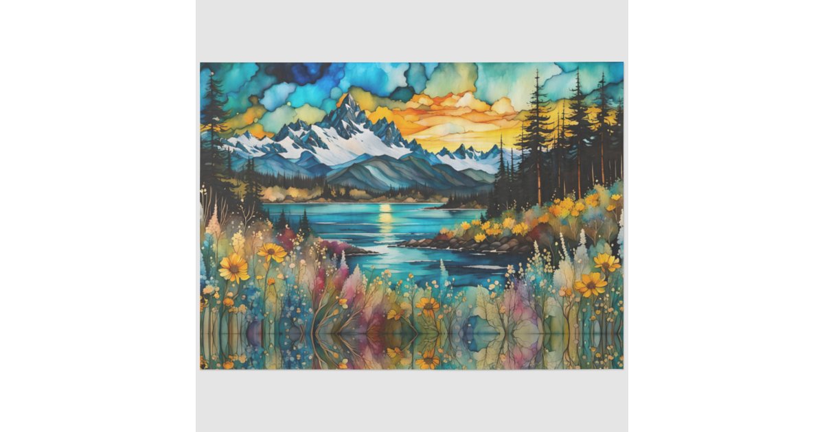 Mountain River and Wildflowers Landscape Tissue Paper | Zazzle