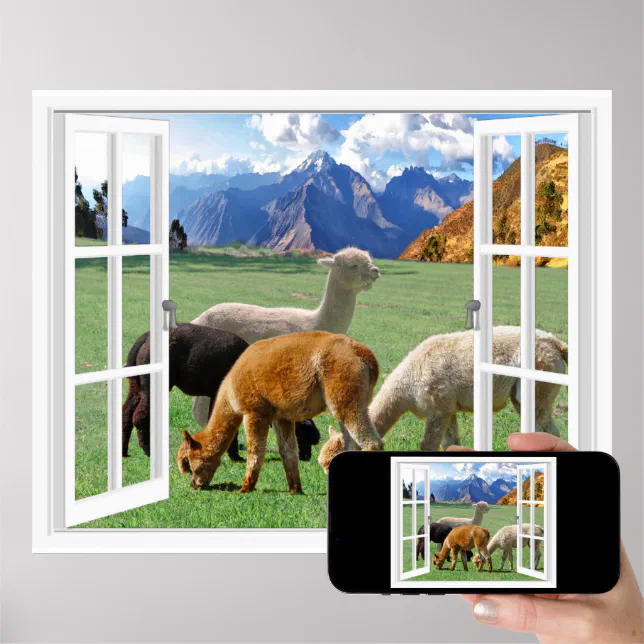 Mountain Scene Alpaca Landscape Art Window View Poster | Zazzle
