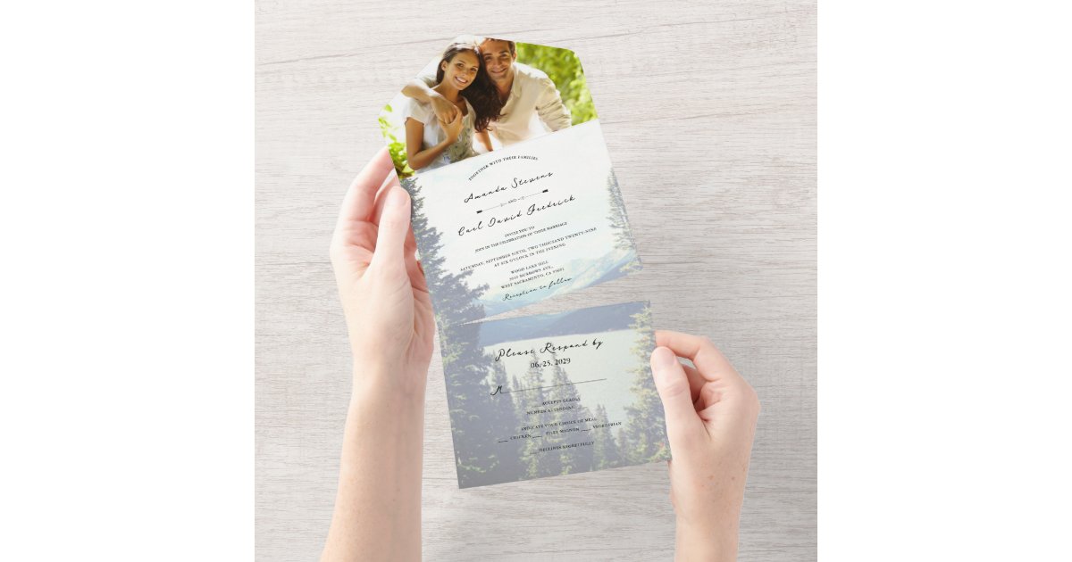 ©Mountain Woodland Forest Lakeside Wedding All In One Invitation | Zazzle