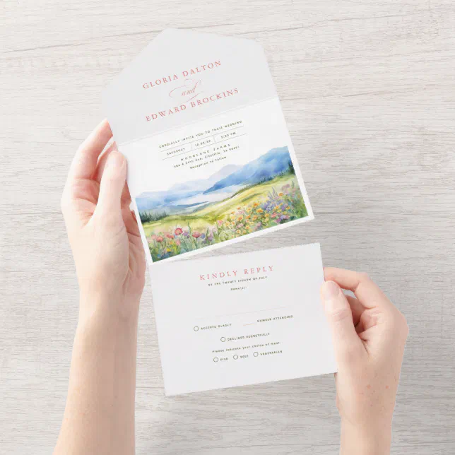 Mountains and Wildflowers Landscape Wedding All In One Invitation | Zazzle