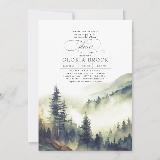 Mountains Forest Fog Evening Boho Bridal Shower Invitation | Zazzle