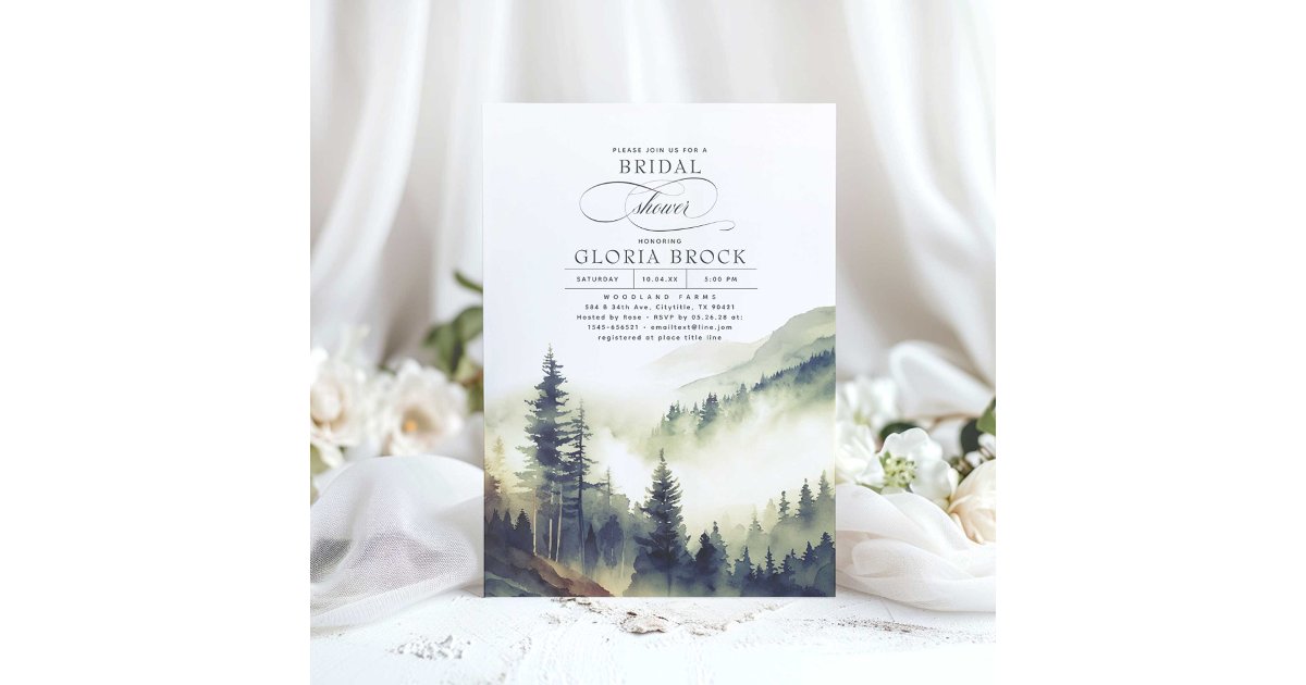 Mountains Forest Fog Evening Boho Bridal Shower Invitation | Zazzle