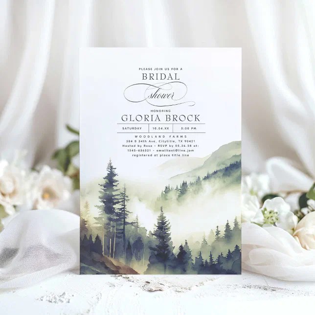 Mountains Forest Fog Evening Boho Bridal Shower Invitation | Zazzle