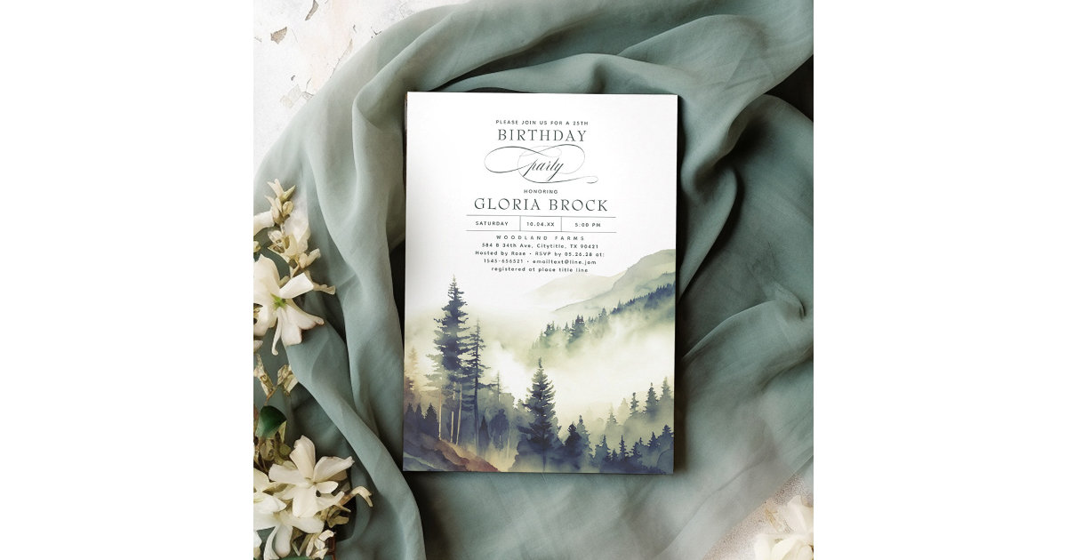 Mountains Forest Fog Evening Landscape Birthday Invitation | Zazzle