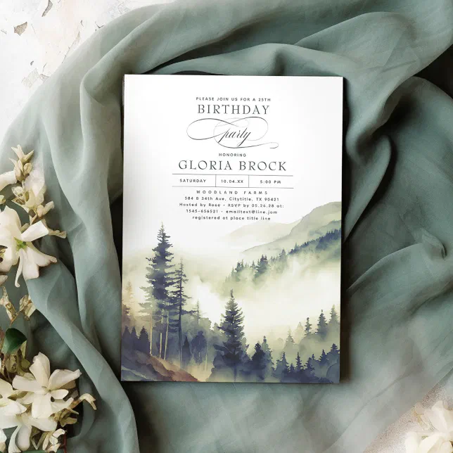Mountains Forest Fog Evening Landscape Birthday Invitation | Zazzle