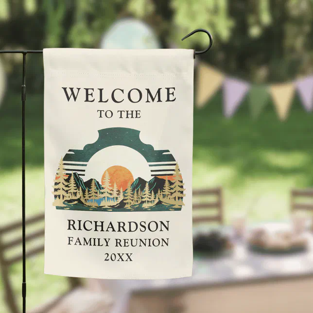 Mountains Forest Sunset Rustic Family Reunion Garden Flag | Zazzle