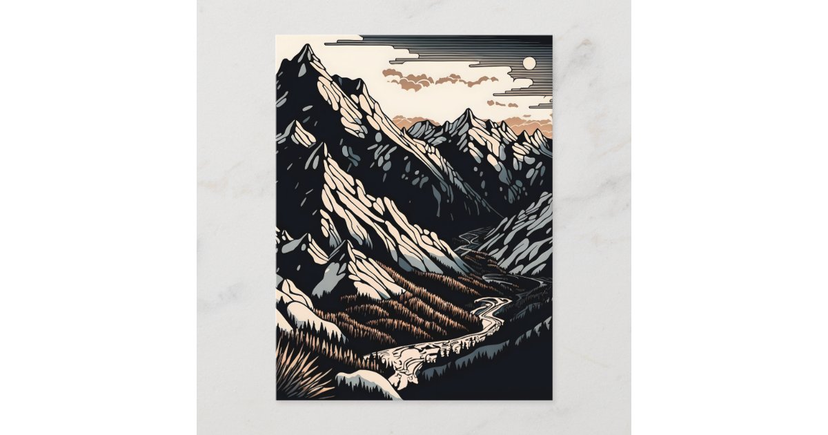 Mountains Landscape Vintage Travel Linocut Art Postcard | Zazzle