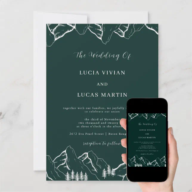 Mountains Pine Tree Emerald Green QR Code Wedding Invitation | Zazzle