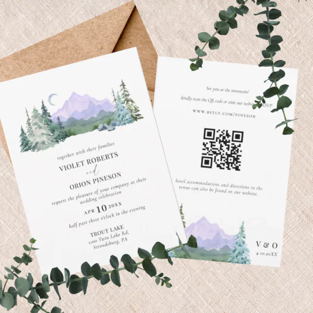 Mountains Rustic Forest QR Code All in One Wedding Invitation | Zazzle