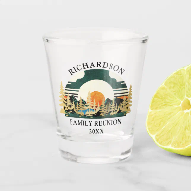 Mountains Sunset Green Custom Camp Family Reunion Shot Glass | Zazzle