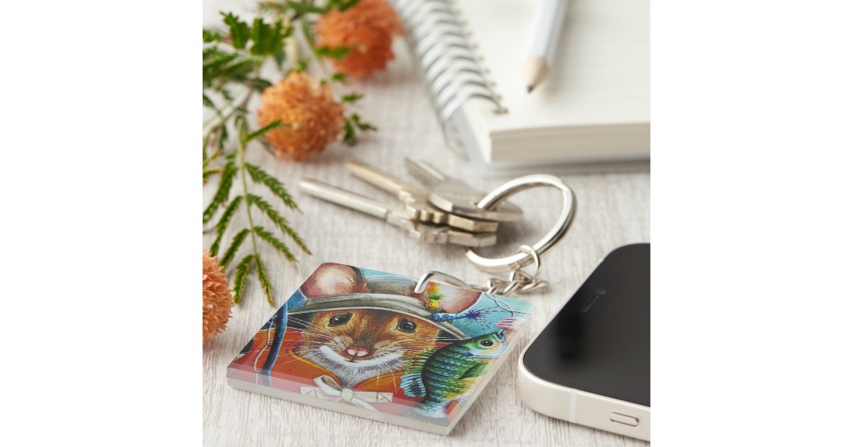 Mouse Hat Vest Fishing for Bluegill Watercolor Art Keychain | Zazzle
