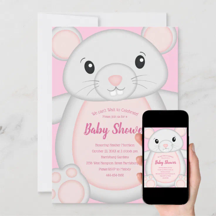 Mouse Mice Baby Shower Pink Invitation | Zazzle