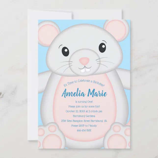 Mouse Mice Birthday Party Blue Invitation | Zazzle