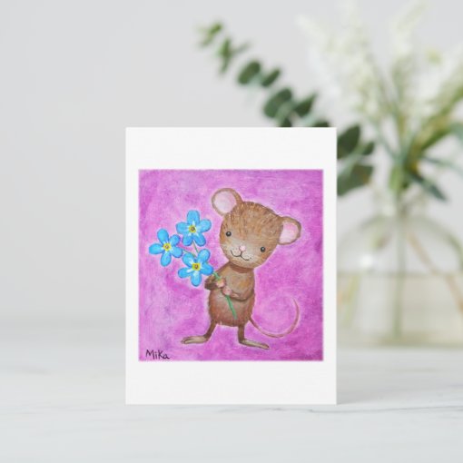 Mouse Postcard Cute Mouse Forget me Not Flowers | Zazzle