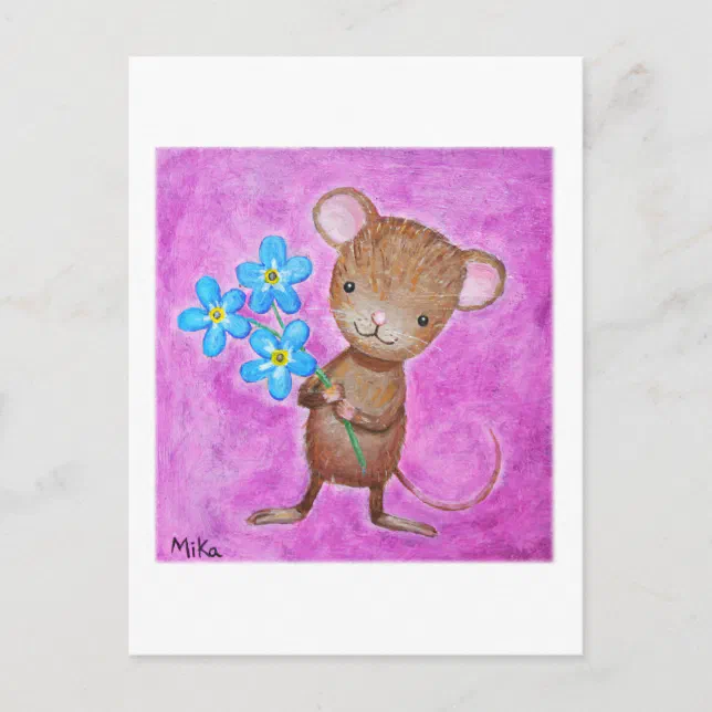 Mouse Postcard Cute Mouse Forget me Not Flowers | Zazzle