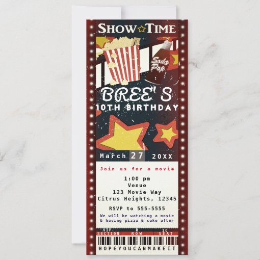 Movie Cinema Popcorn VIP Party Ticket Invitation | Zazzle