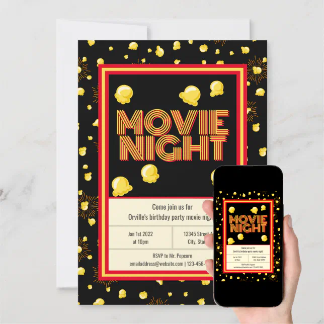 Movie Night Birthday Party - Marquee Popcorn Invitation | Zazzle