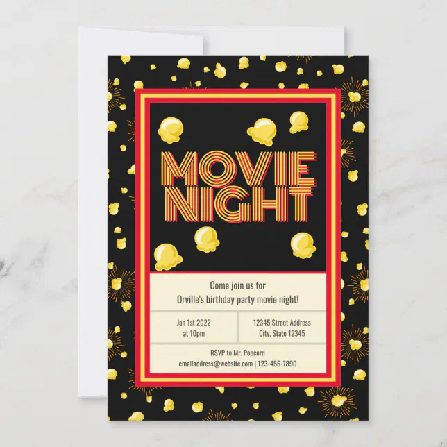 Movie Night Birthday Party - Marquee Popcorn Invitation | Zazzle