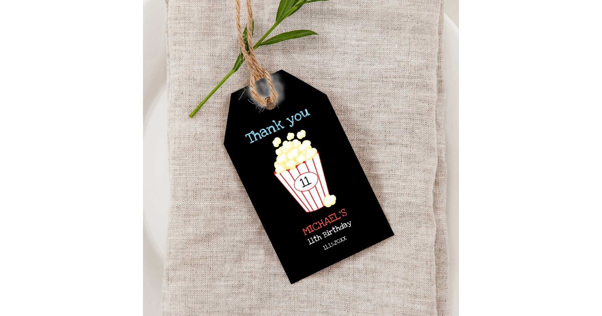 Movie Night Birthday Party Thank you Popcorn Gift Tags | Zazzle
