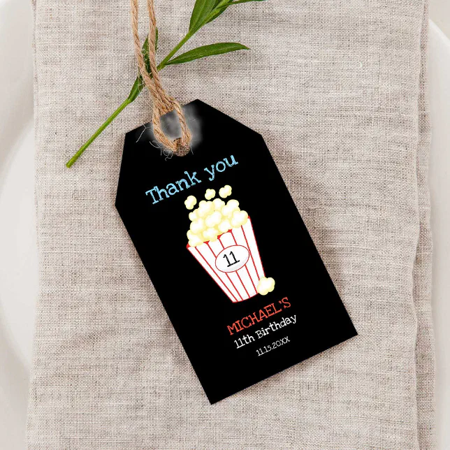 Movie Night Birthday Party Thank you Popcorn Gift Tags | Zazzle