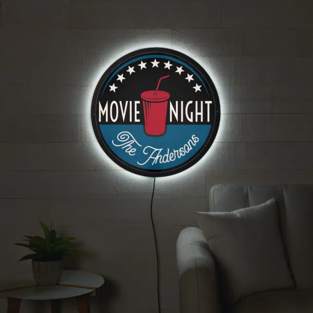Movie Night Custom Home Theater Family Name LED Sign | Zazzle