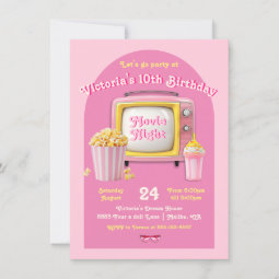 Movie Night Doll Retro Pink TV Birthday Party Invitation | Zazzle