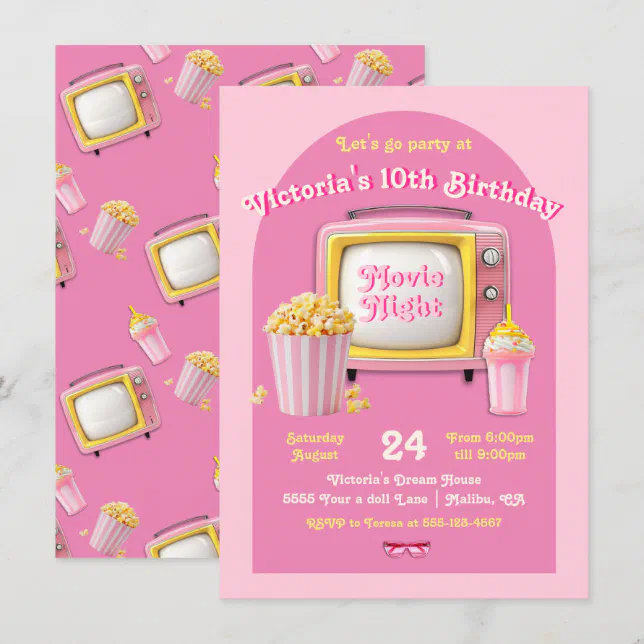 Movie Night Doll Retro Pink TV Birthday Party Invitation | Zazzle
