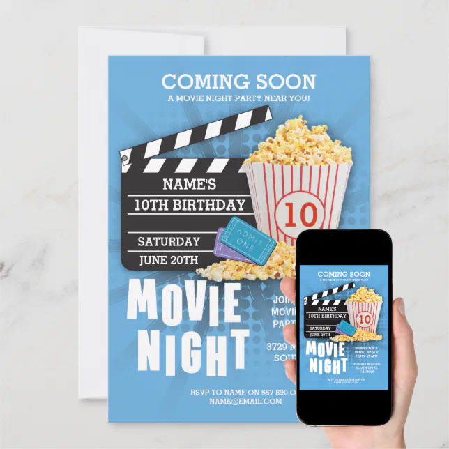 Movie Night Film Cinema Birthday Party Blue Invite | Zazzle