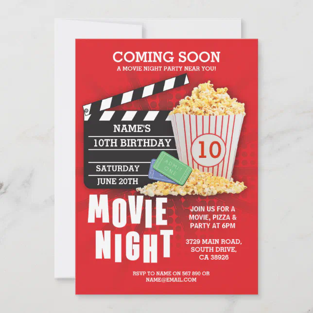 Movie Night Film Cinema Birthday Party Red Invite | Zazzle