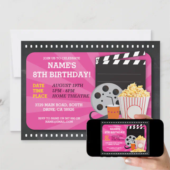 Movie Night Film Cinema Birthday Party View Invite | Zazzle