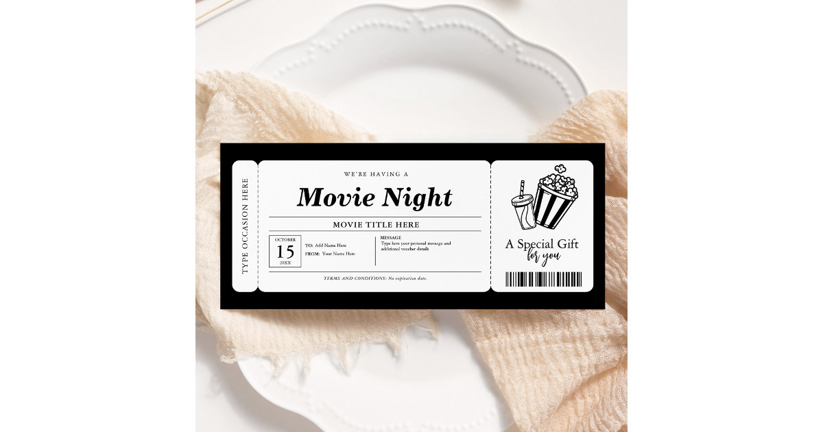 Movie Night Gift Coupon Ticket Invitation | Zazzle