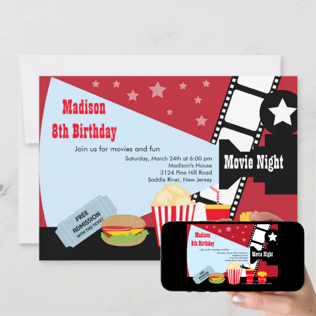 Movie Night Kids Birthday Party Invitation | Zazzle