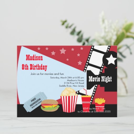 Movie Night Kids Birthday Party Invitation | Zazzle