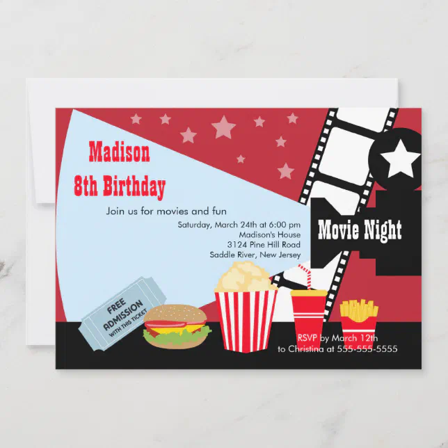 Movie Night Kids Birthday Party Invitation | Zazzle